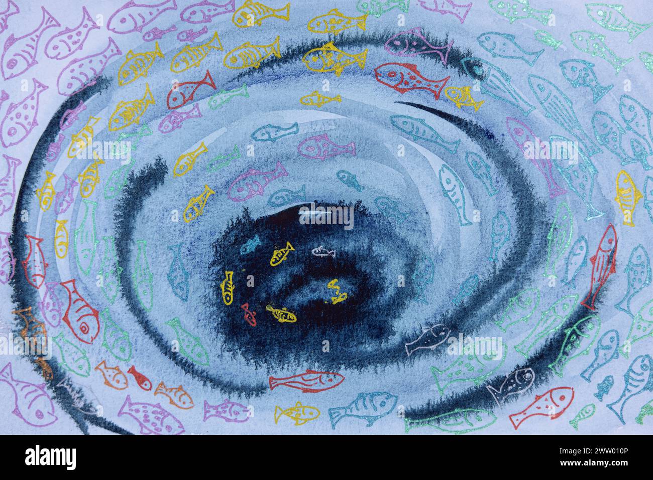 School of fish in a vortex swirl. The dabbing technique near the edges ...