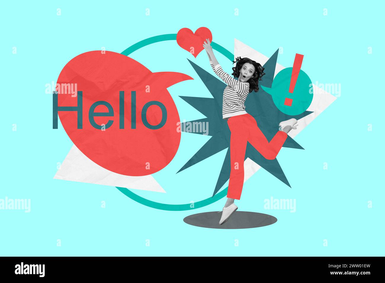 Creative collage picture young funky girl hold heart shaped figure ...