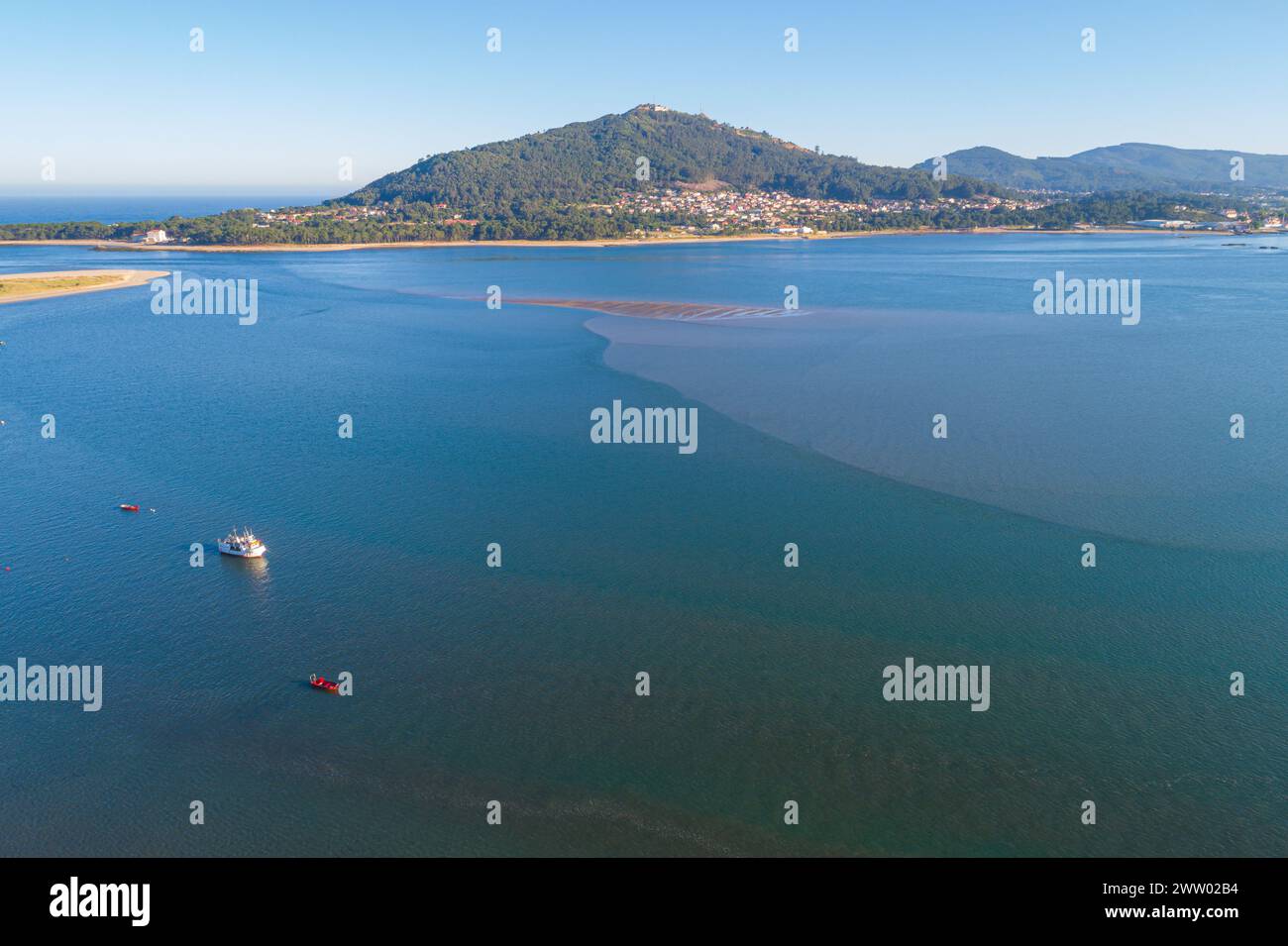 aerial view with drone of the mouth of the Minho river and Santa Tecla ...