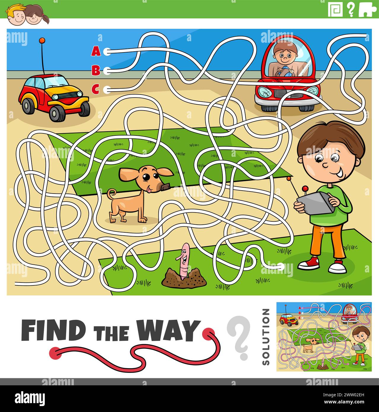 Cartoon illustration of find the way maze puzzle activity with little ...