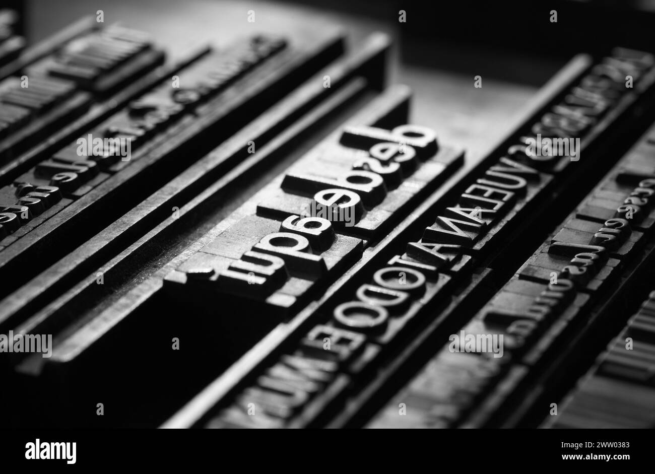 Old traditional physical lead typeset, low tech background Stock Photo ...