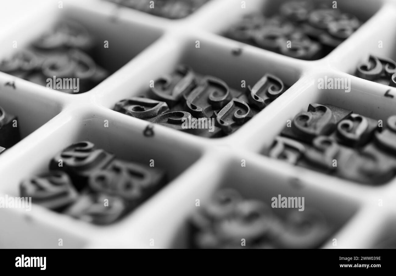 Old traditional physical lead typeset, low tech background Stock Photo ...