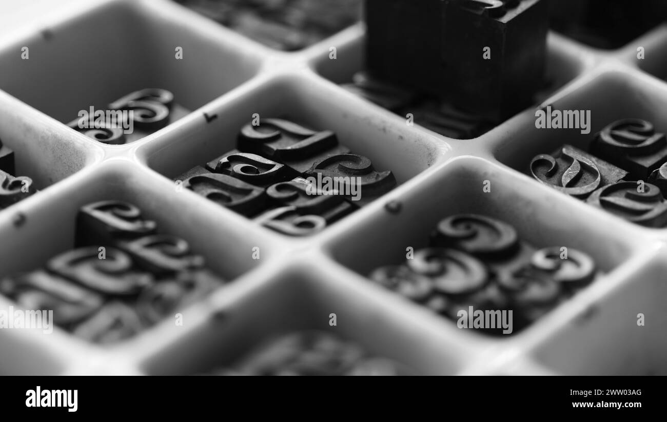 Old traditional physical lead typeset, low tech background Stock Photo ...