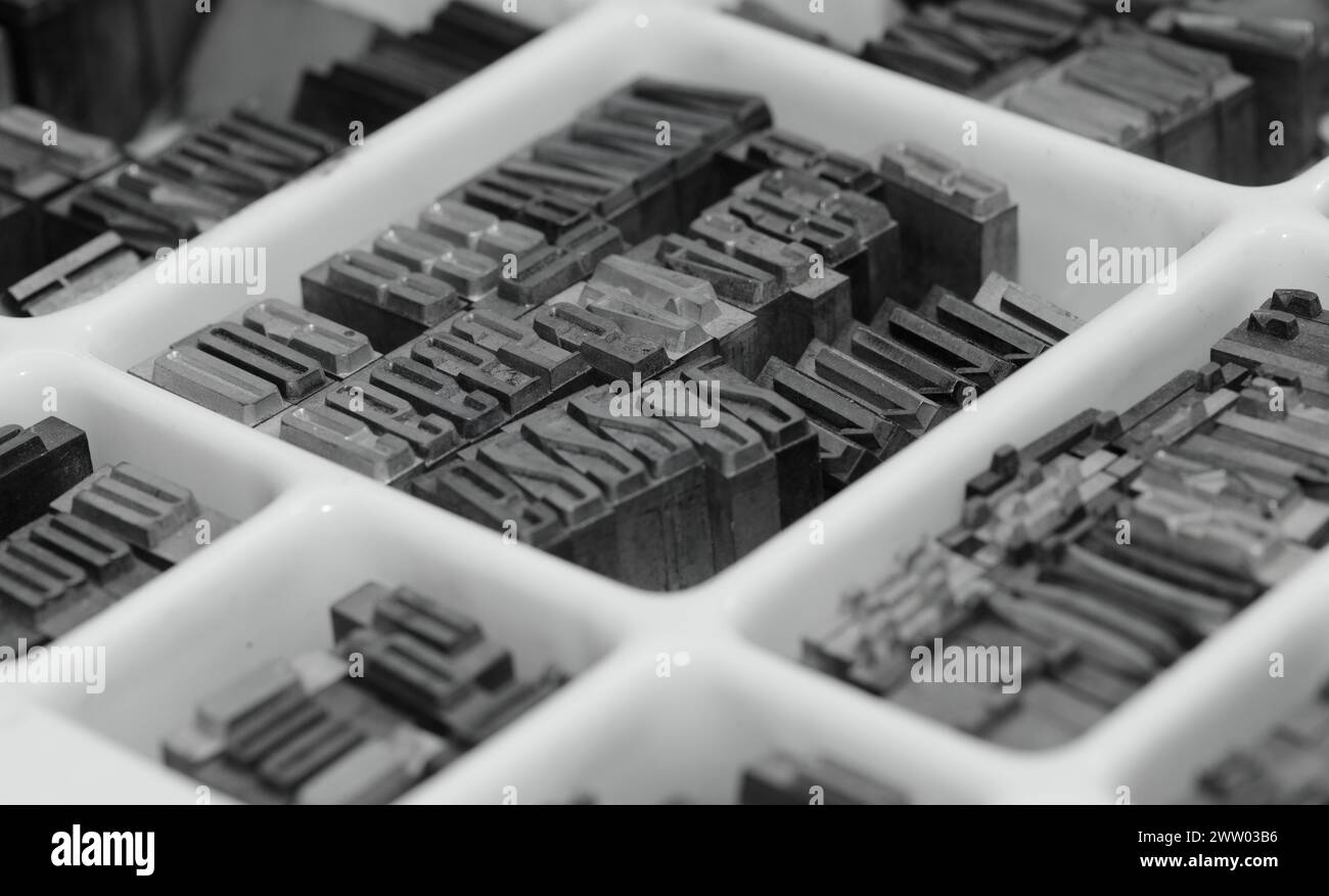 Old traditional physical lead typeset, low tech background Stock Photo ...