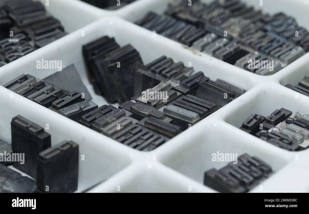 Old traditional physical lead typeset, low tech background Stock Photo ...