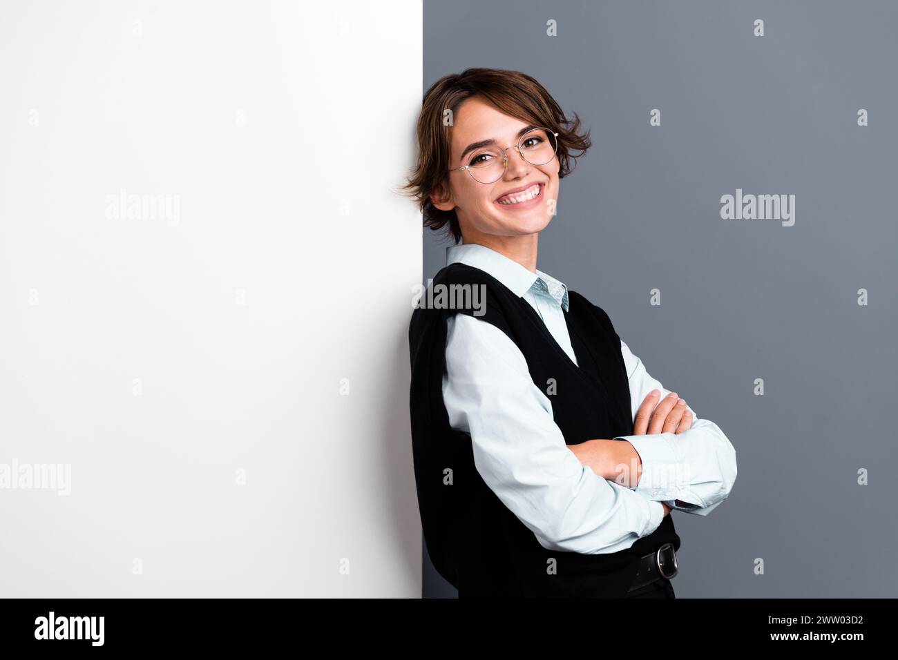 Photo of cheerful lovely woman marketer promoter dressed stylish ...