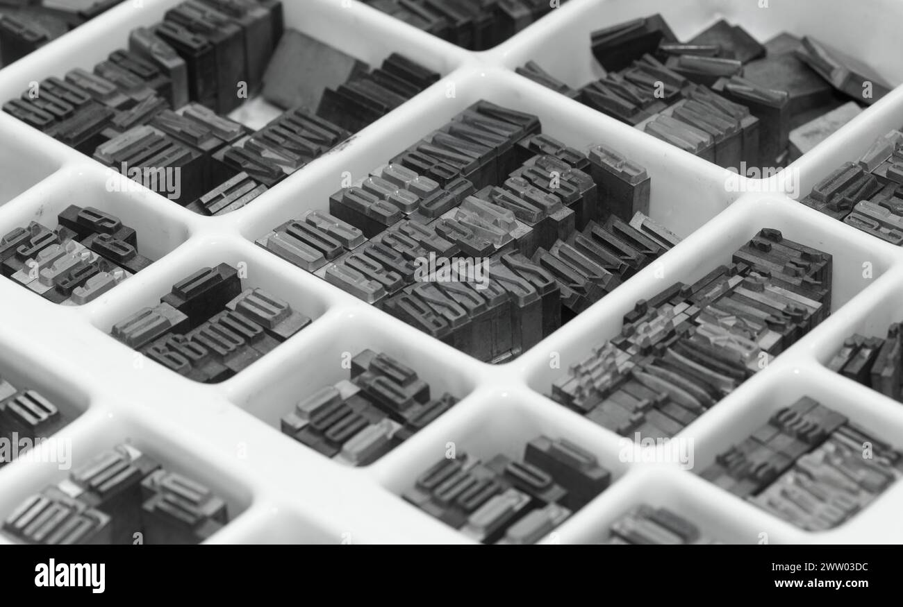 Old traditional physical lead typeset, low tech background Stock Photo ...