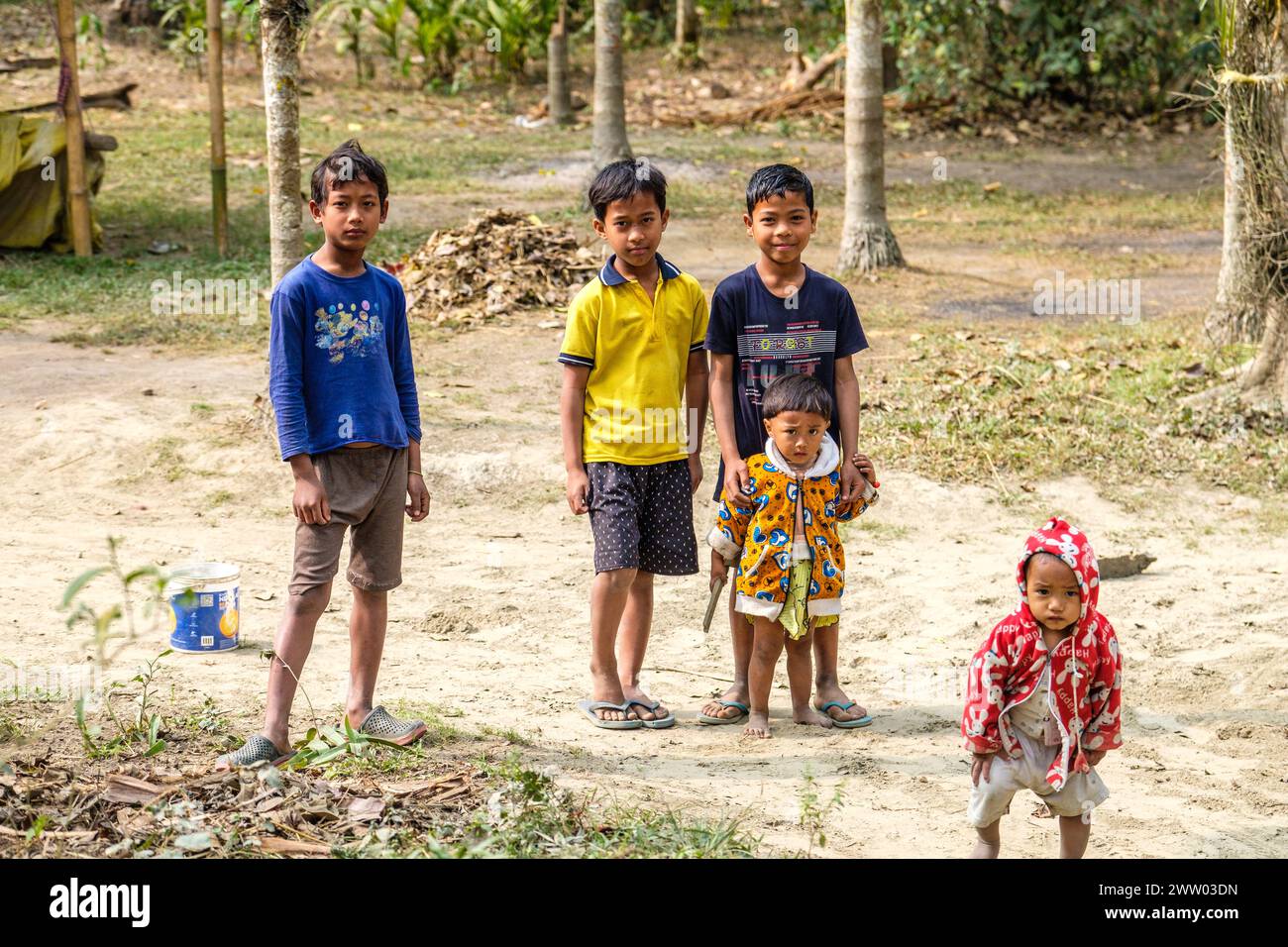 a group of Indian children on the traditional Majuli Island, Assam ...