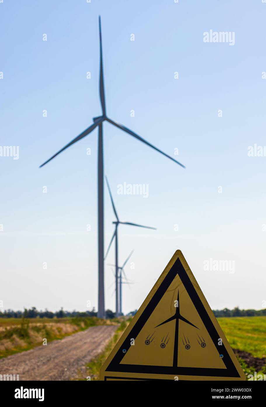 Wind Turbines with a caution sign warning of the dangers of approaching ...