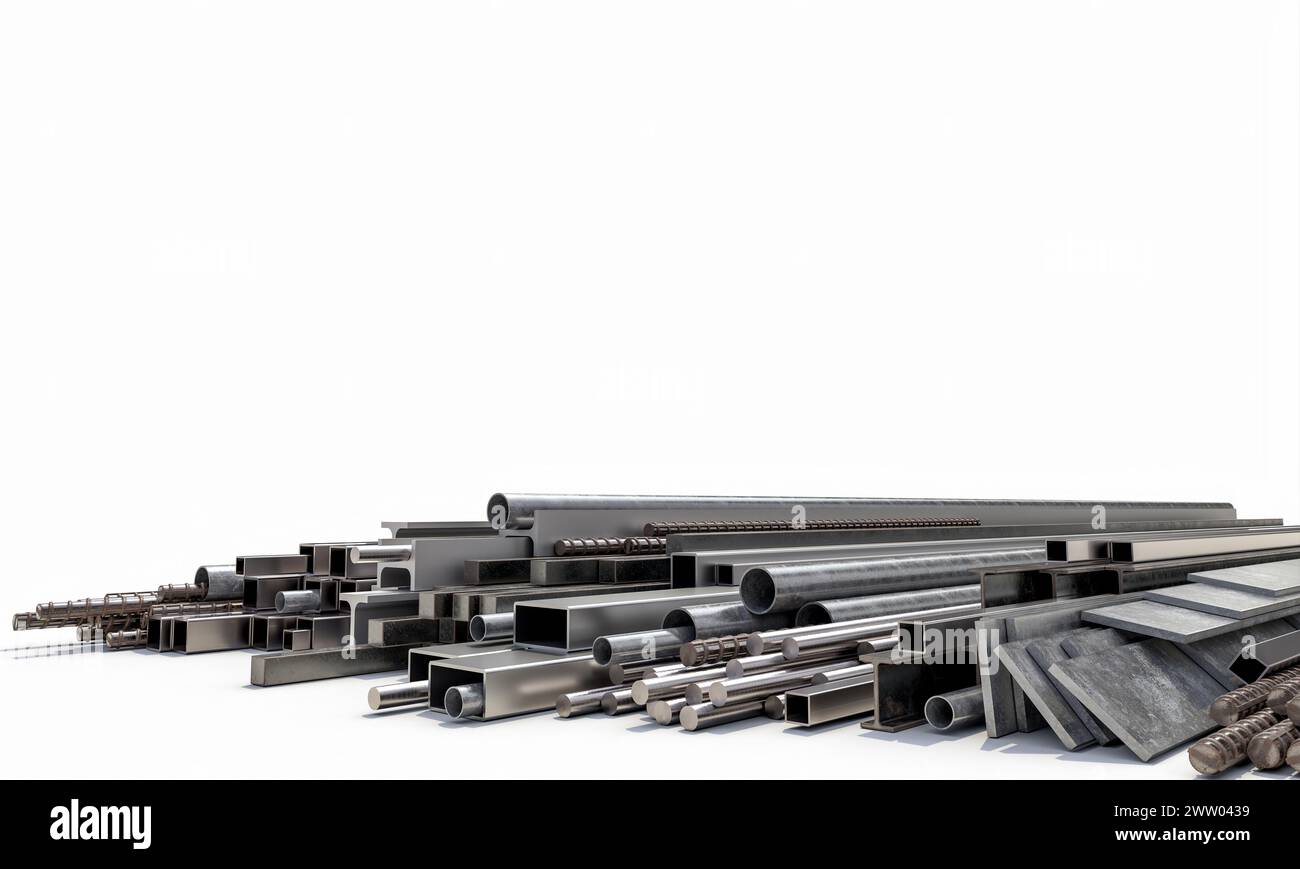 Variety of steel sections and beams isolated on a white. 3d render ...