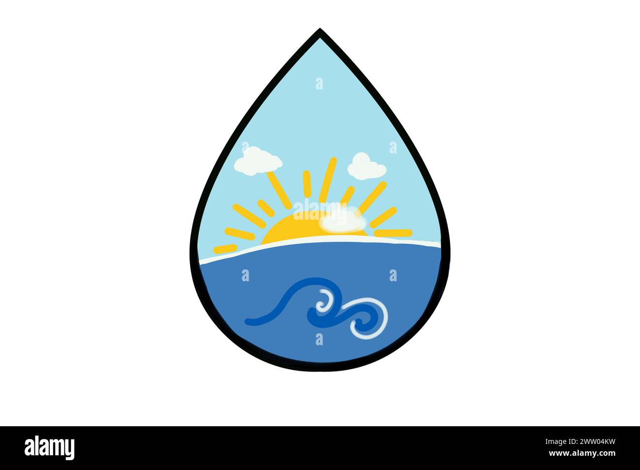 Sun rising or setting in the ocean drawn in a water drop shape icon ...