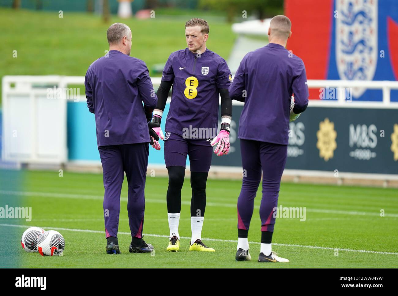 England goalkeeper Jordan Pickford (centre) during a training session ...