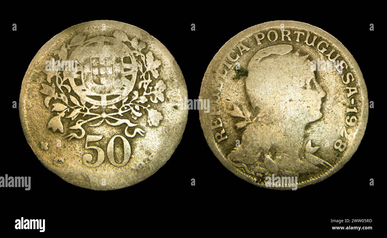 An Old Portugal second republic 50 centavo coin, Allegory of Republic ...