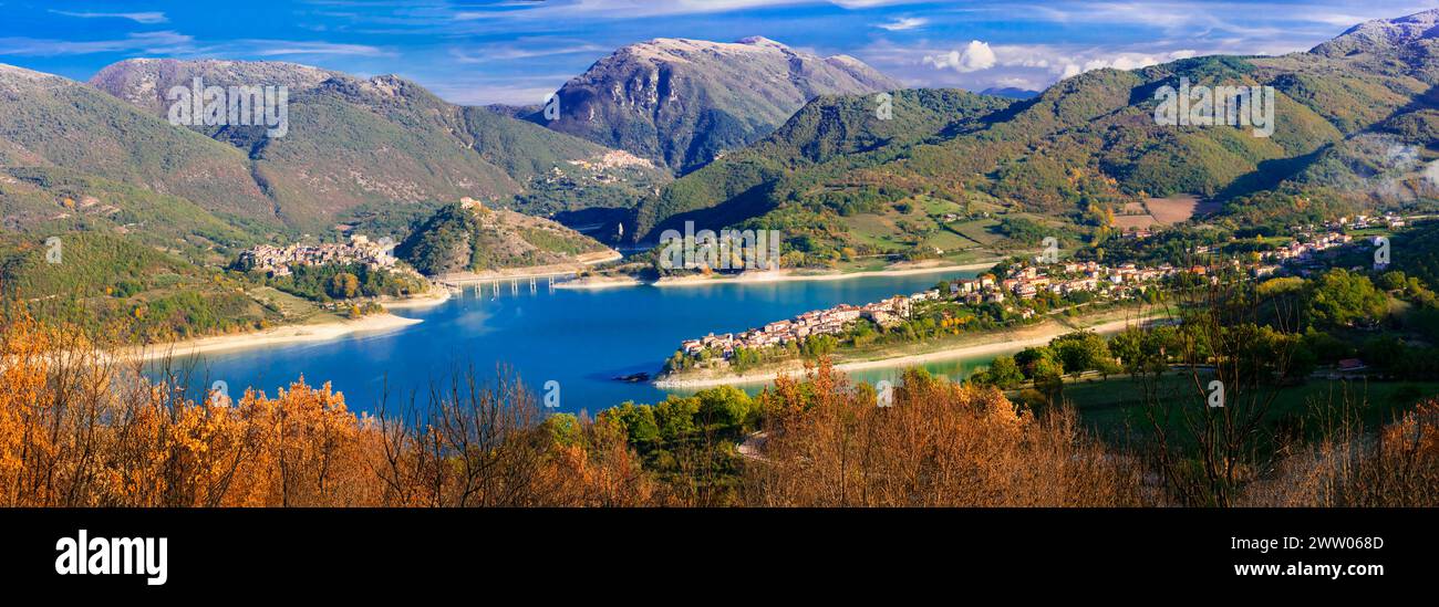 Italian scenic places . beautiful lake Turano and village Colle di tora ...