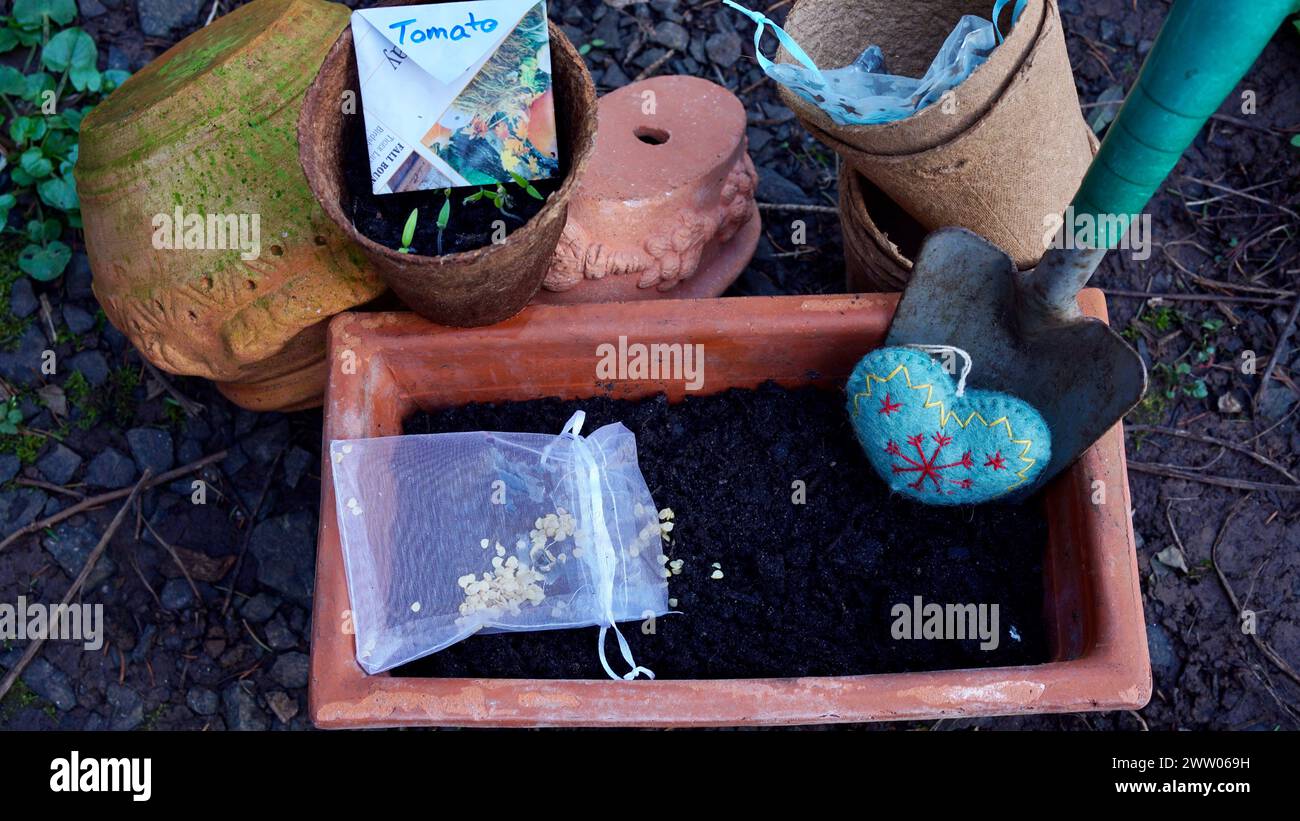 Planting pots made of clay or cardboard. A shovel, seed bags, a heart ...