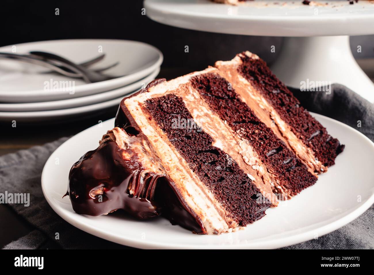 Slice of Hazelnut Chocolate Cake Topped with Chocolate Ganache and ...