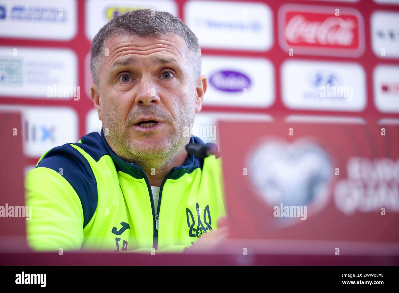Ukrainian national team coach Serhiy Rebrov speaks during a press ...