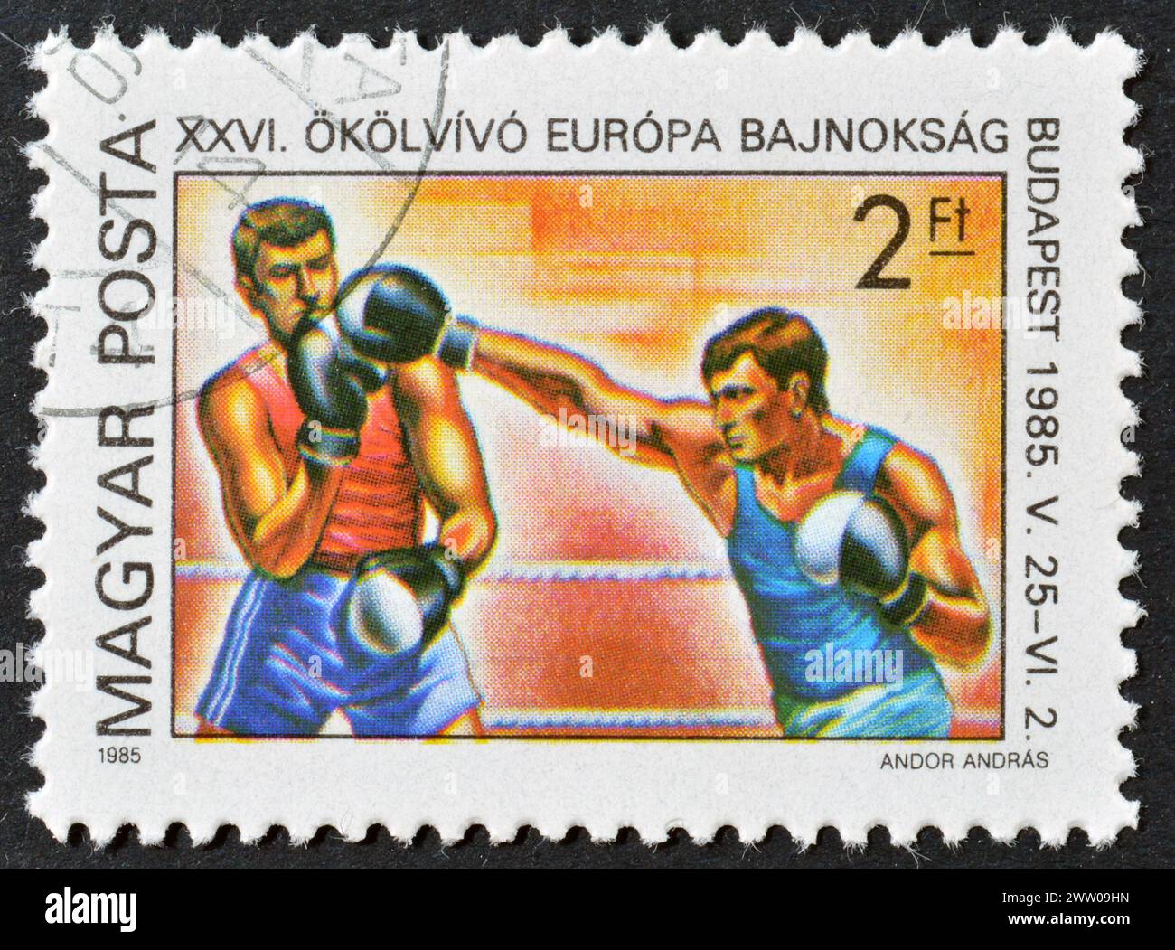 Cancelled postage stamp printed by Hungary, that shows Boxing, European ...