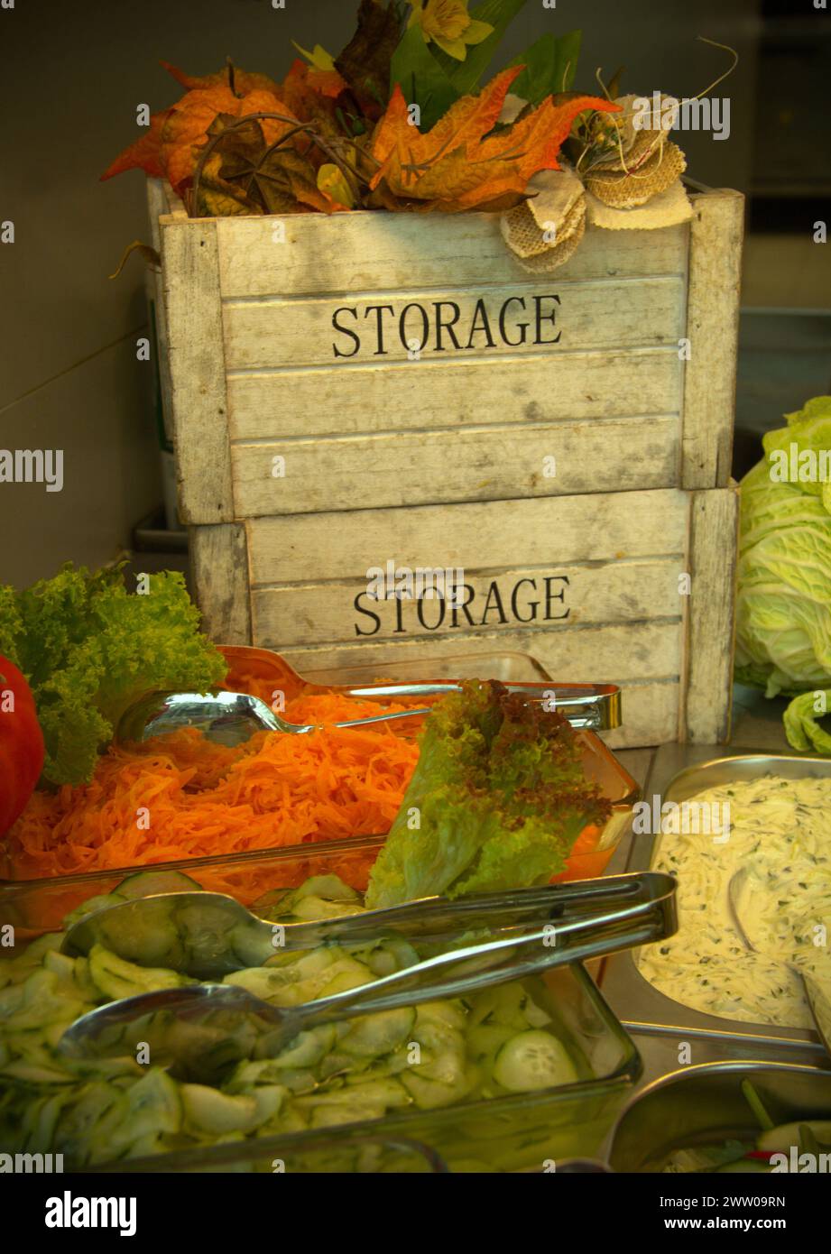 Selection of salads and dressings in a salad bar Stock Photo - Alamy