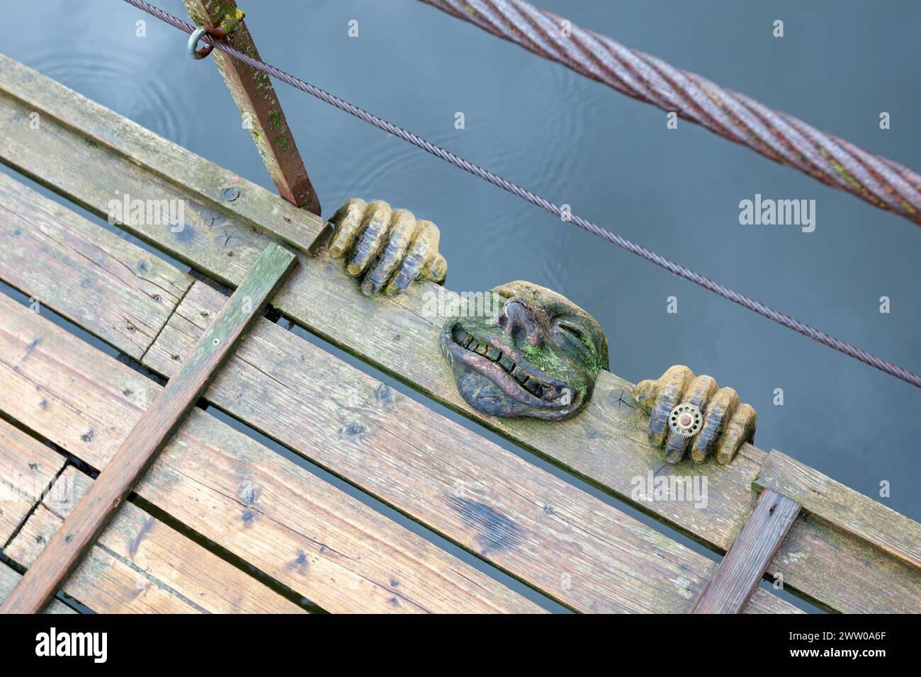 The floor of the suspension bridge above the water and the wood ...