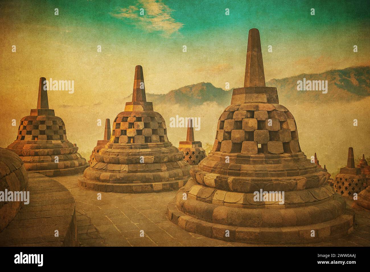 Vintage image of Borobudur temple, Java, Indonesia Stock Photo - Alamy