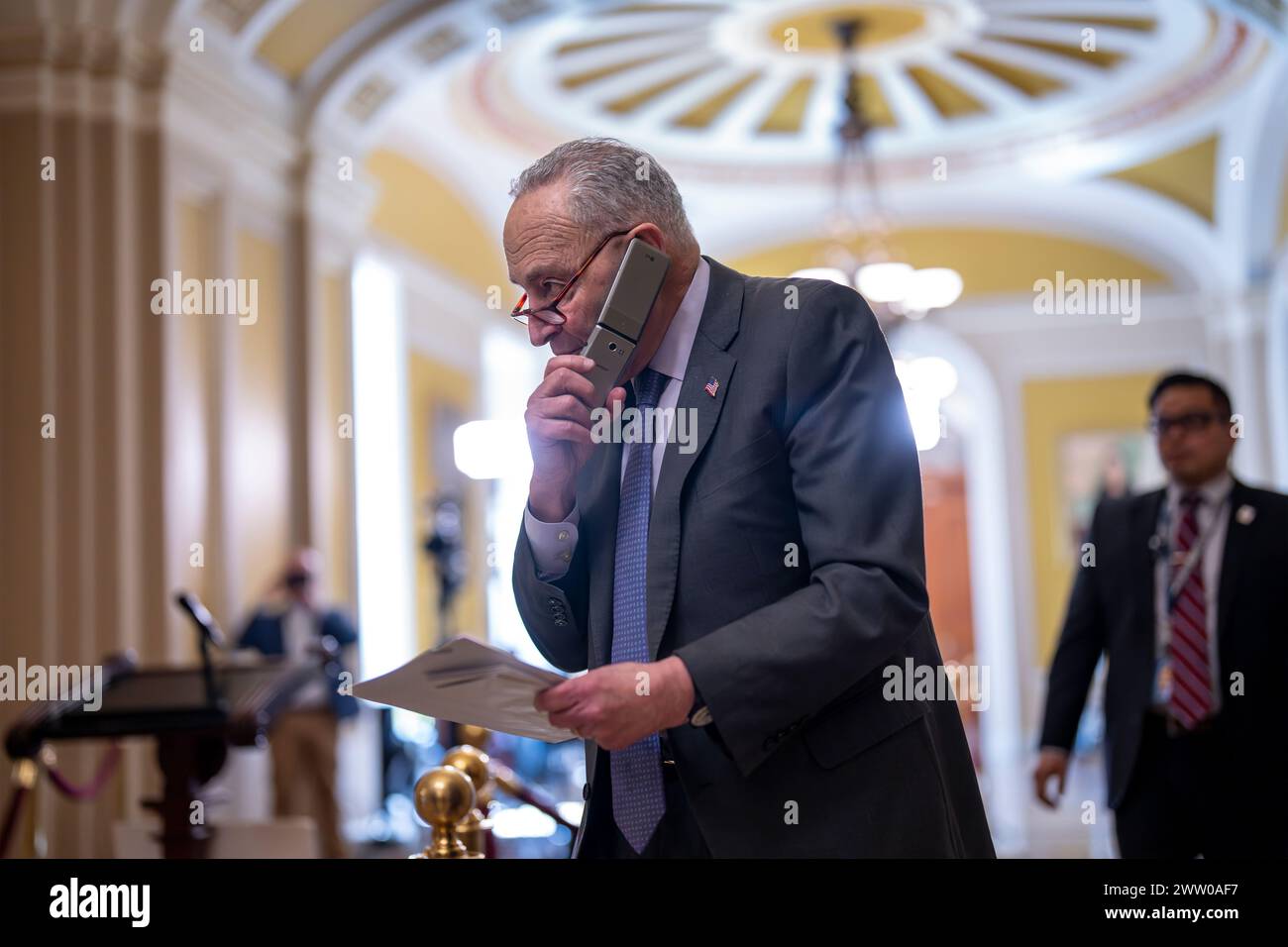 Senate Majority Leader Chuck Schumer, D-N.Y., talks on his phone on the ...