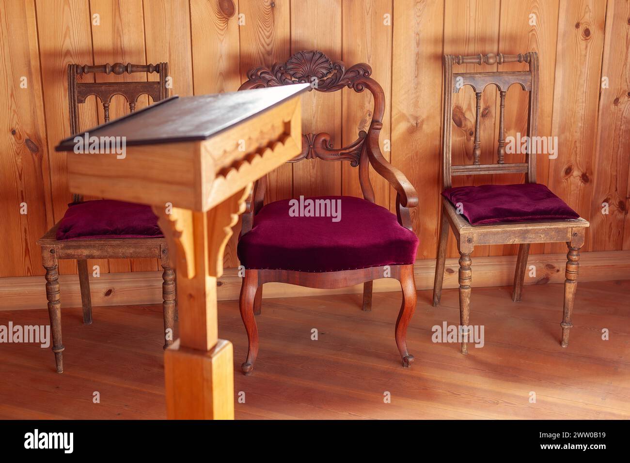 Pulpit for preaching, and luxurious antique handmade church chairs ...
