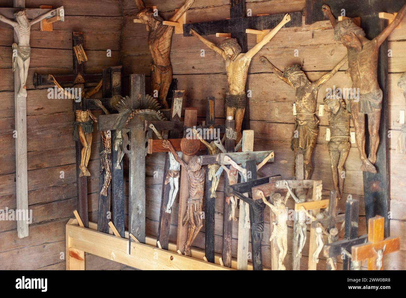 A collection of antique wood carving Catholic crosses Stock Photo - Alamy