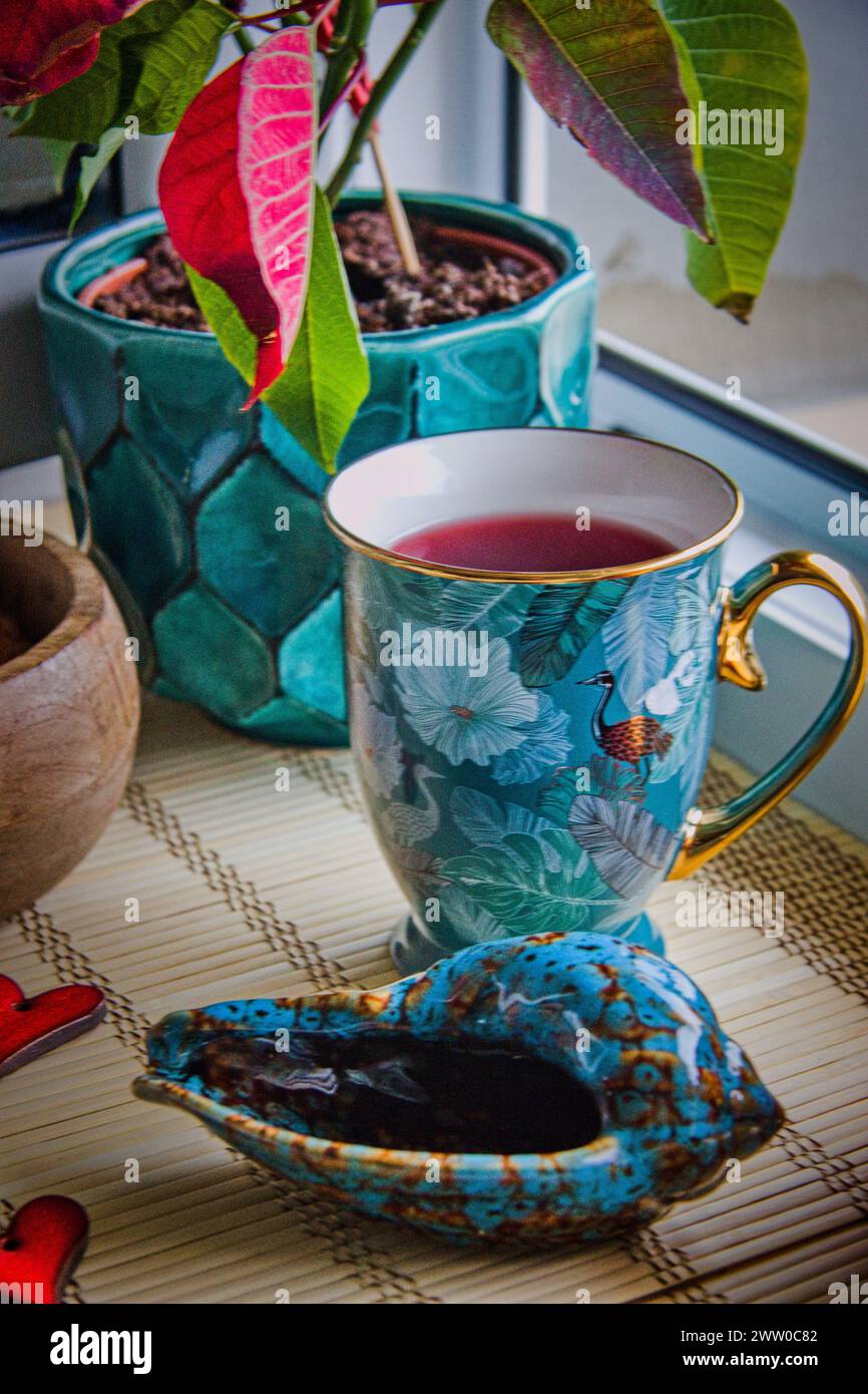 Still life with a beautiful turquoise mug Stock Photo - Alamy