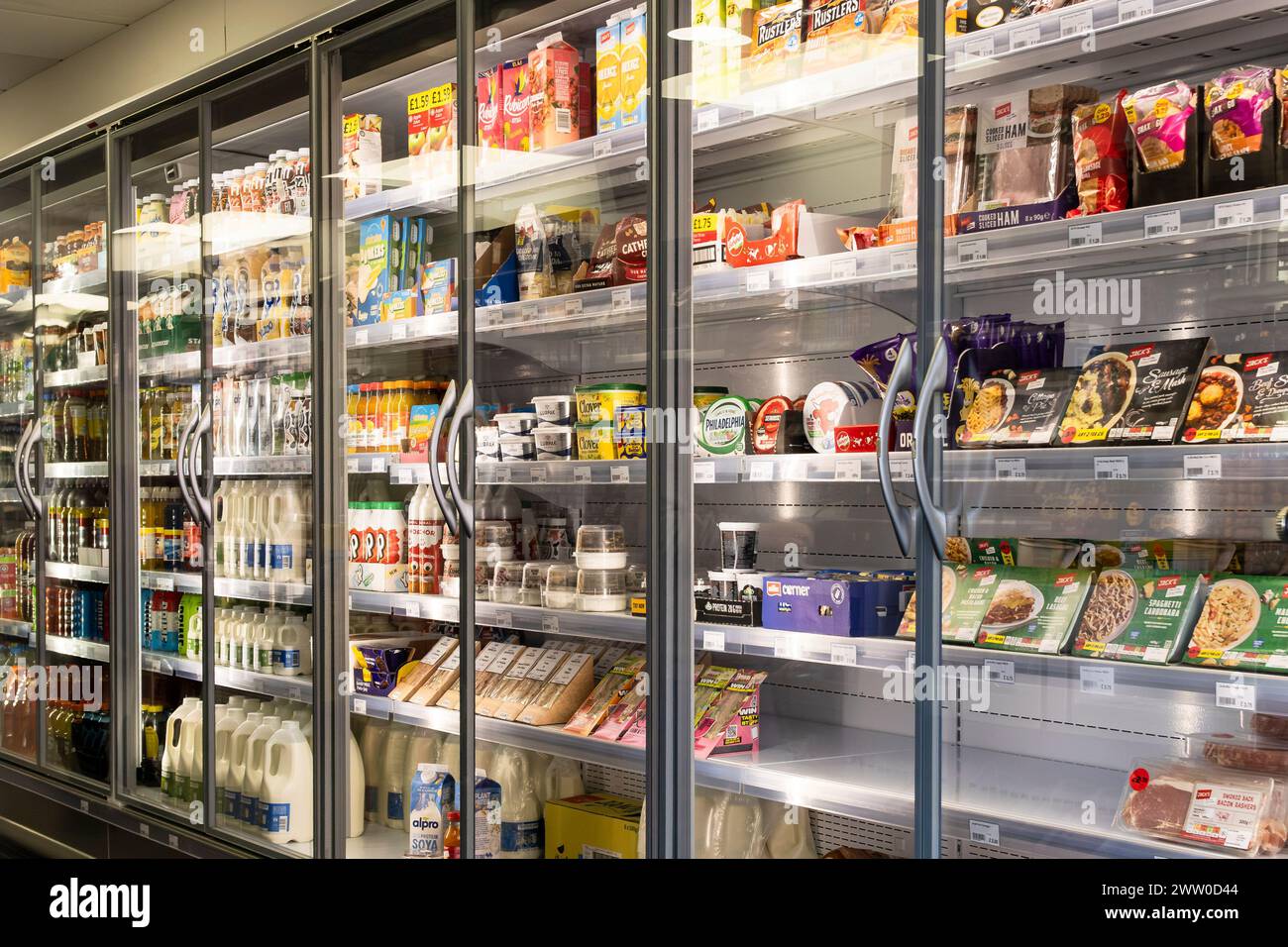 Packages of food in chiller cabinets in a shop store in Cornwall in the ...