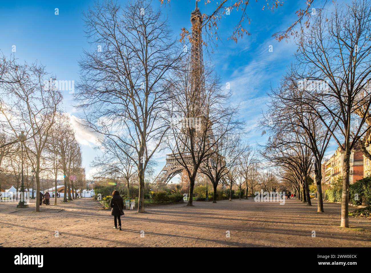 The Eiffel Tower rises above leafless trees as people stroll through a ...