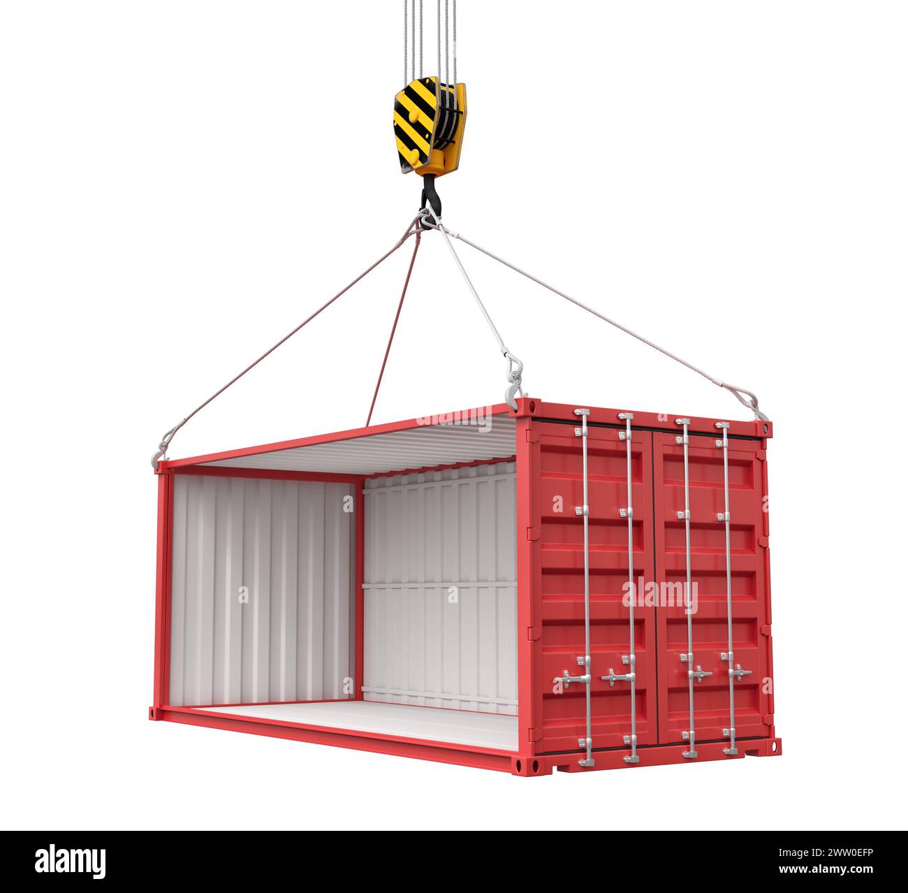 3d rendering of crane lifting empty red shipping container isolated on ...