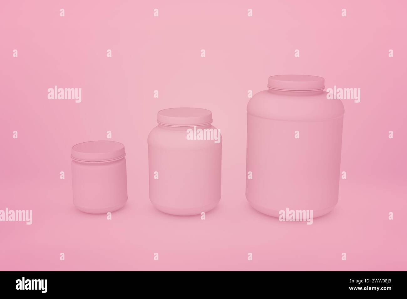 3d rendering of three empty plastic jars of different shapes on pink ...