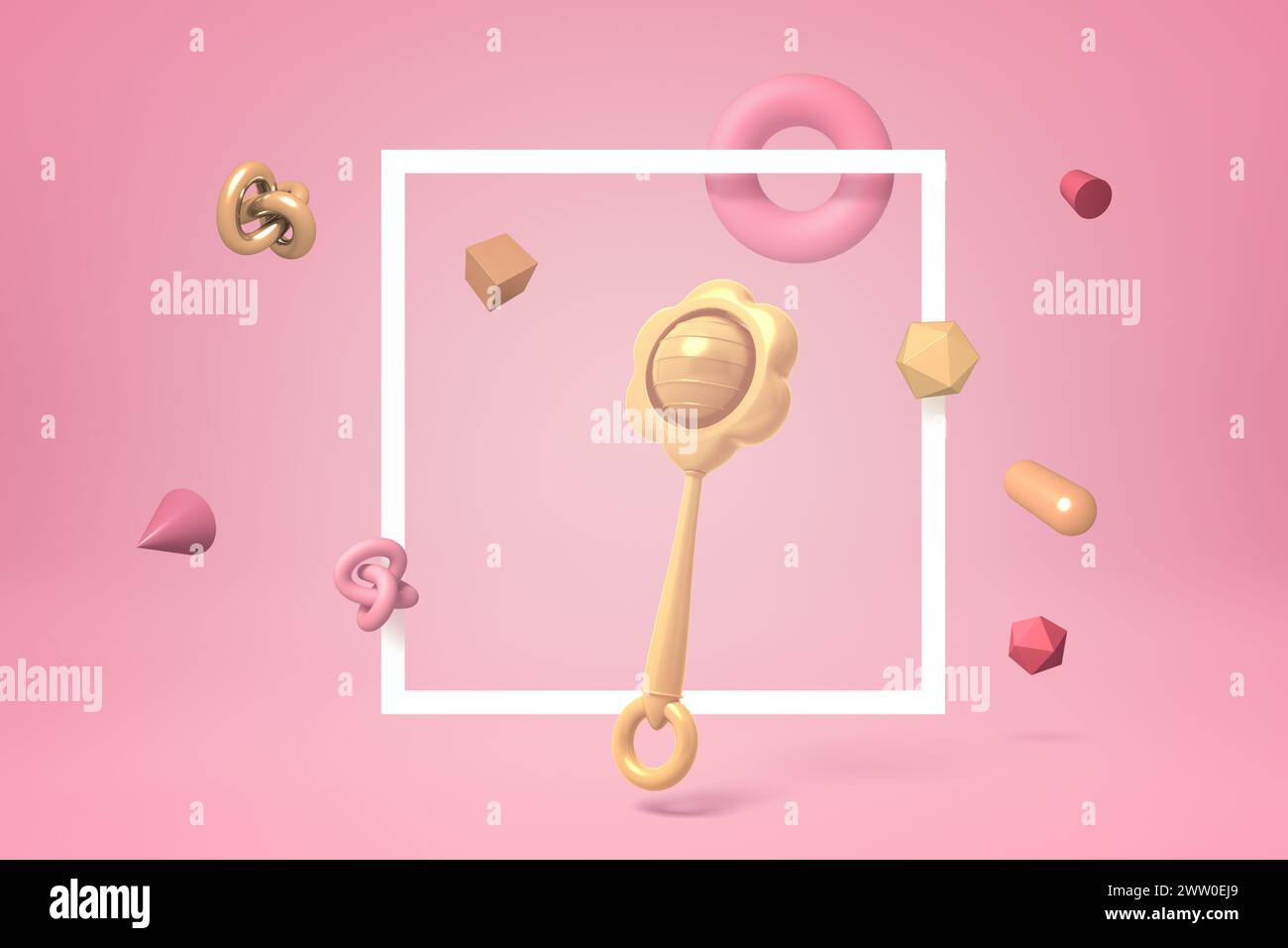 Floating rattle with geometric shapes on pink backdrop Stock Photo - Alamy