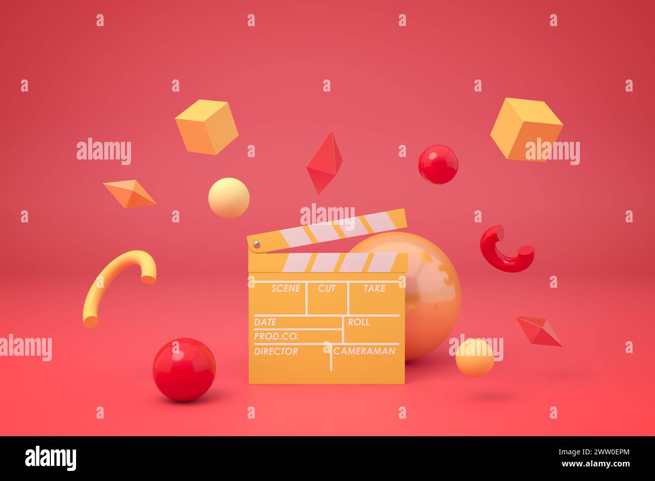 3D floating objects and clapperboard on red Stock Photo - Alamy