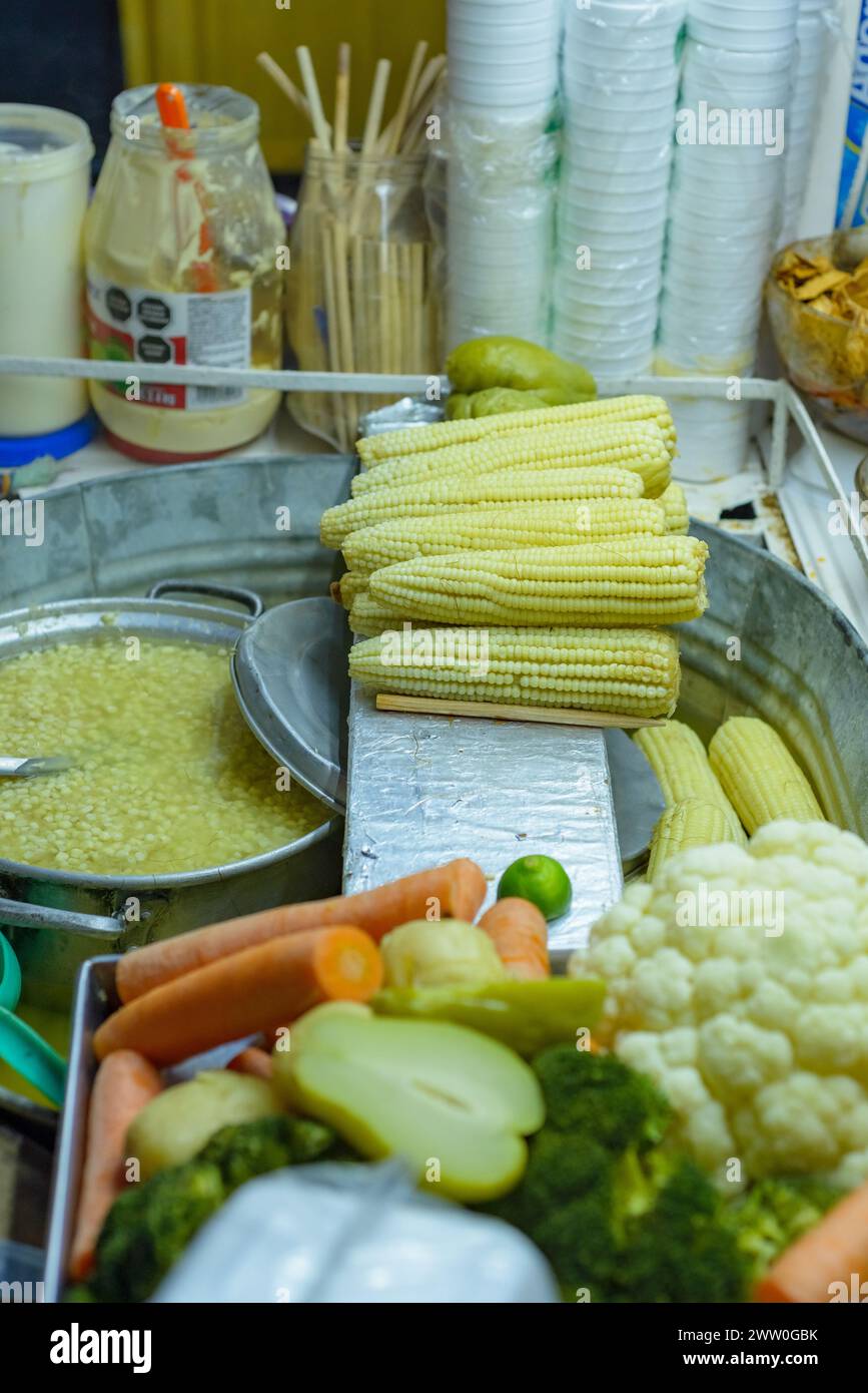 Boiled corn stand, typical Mexican street food. Food stall Stock Photo ...