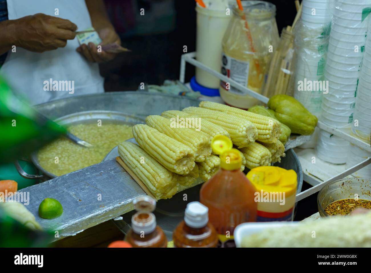 Boiled corn stand, typical Mexican street food. Food stall Stock Photo ...