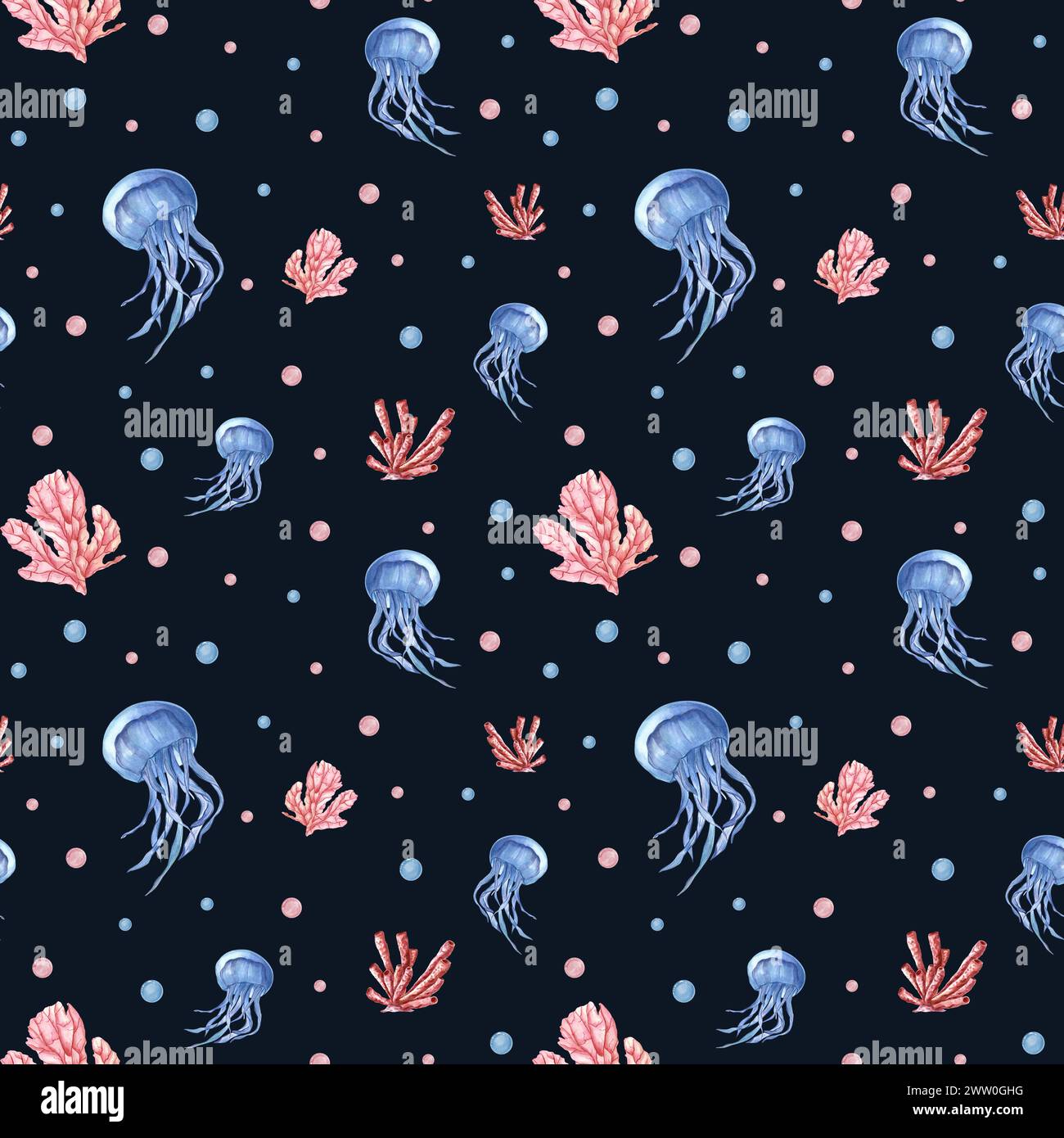 Floating jellyfish, coral among water bubbles. Seamless pattern with ...