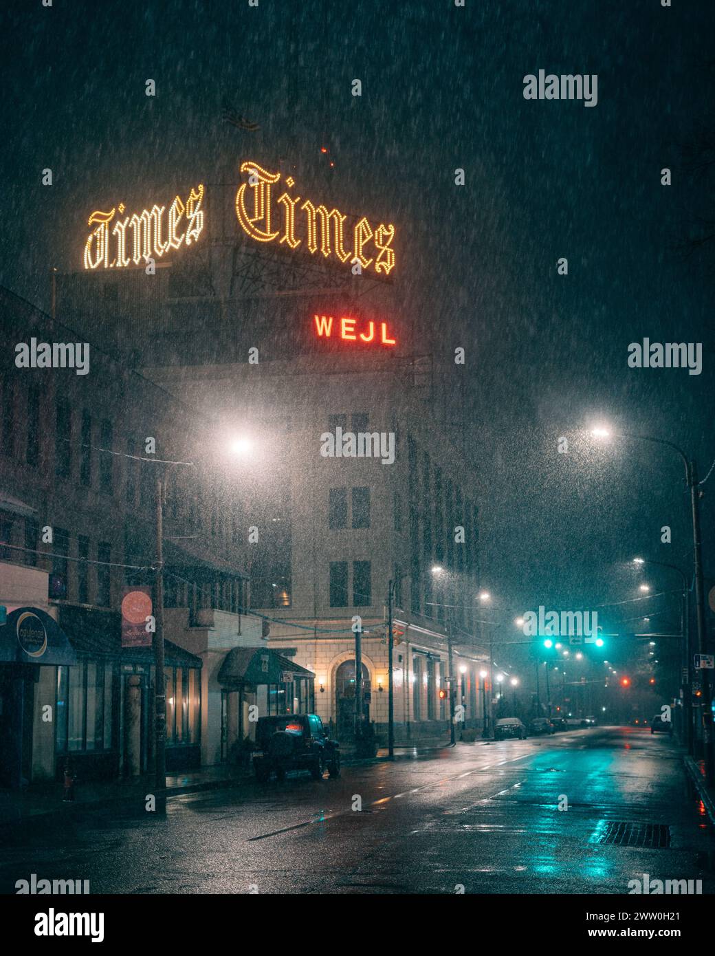 Times Tower neon sign at night in downtown Scranton, Pennsylvania Stock ...