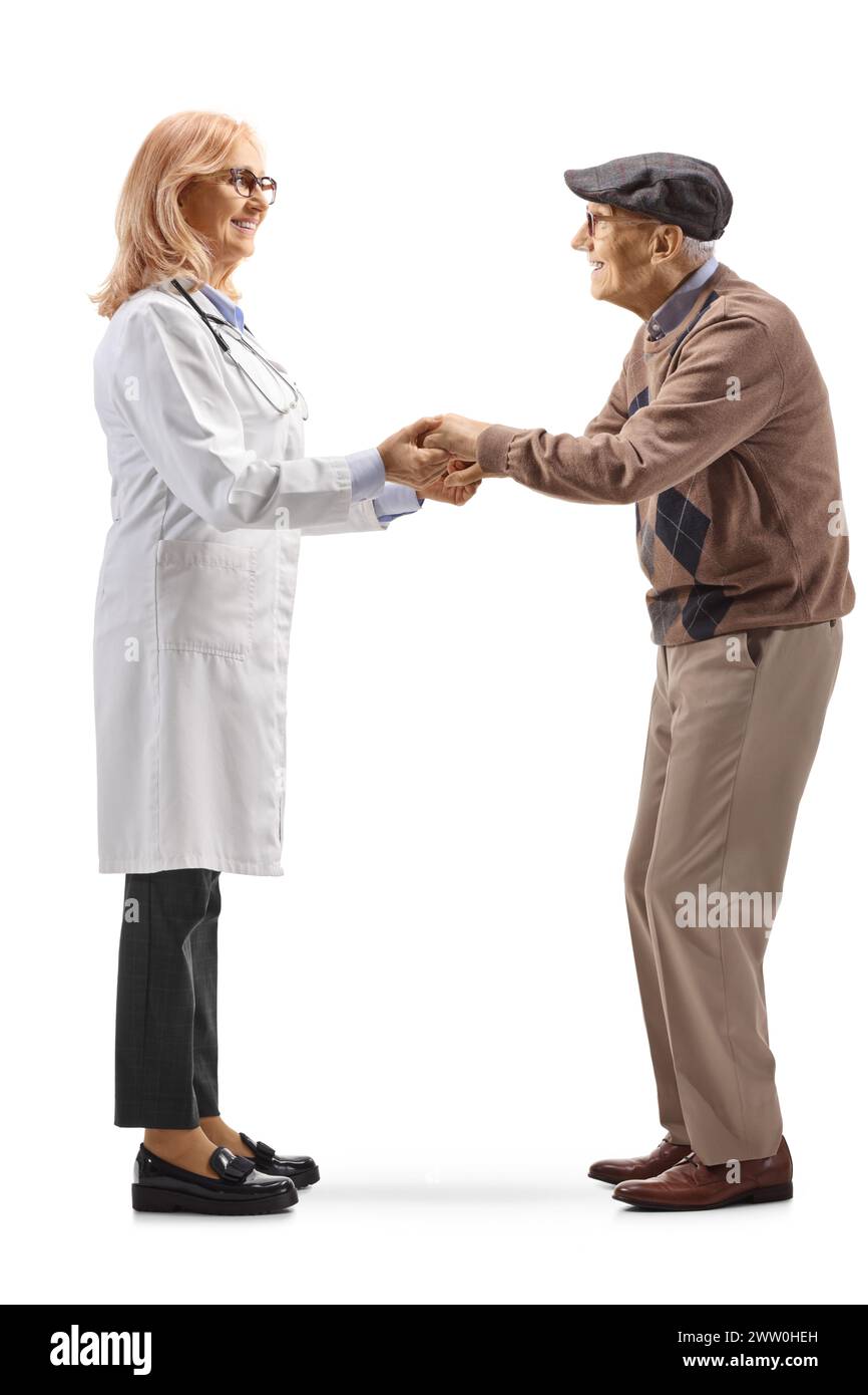 Female doctor giving support to an elderly male patient isolated on ...