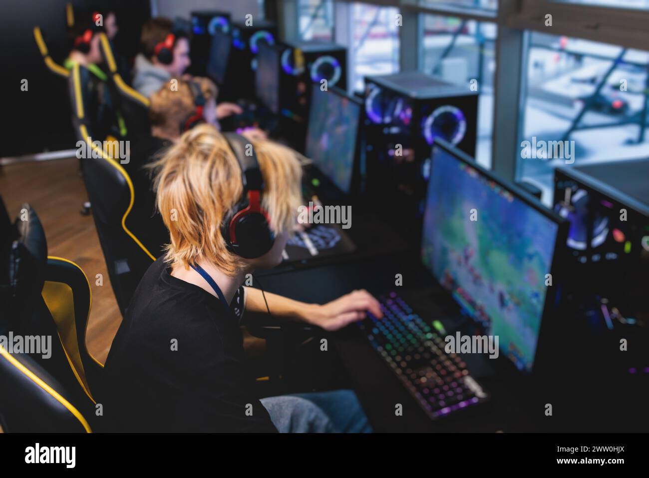 Cyber sport e-sports tournament, team of professional players, gamers playing online esports ...