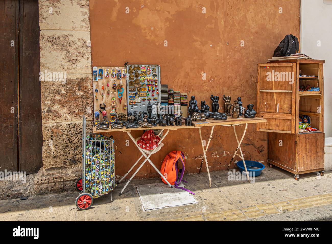 Cartagena, Colombia - July 25, 2023: Street vendor display on flimsy ...
