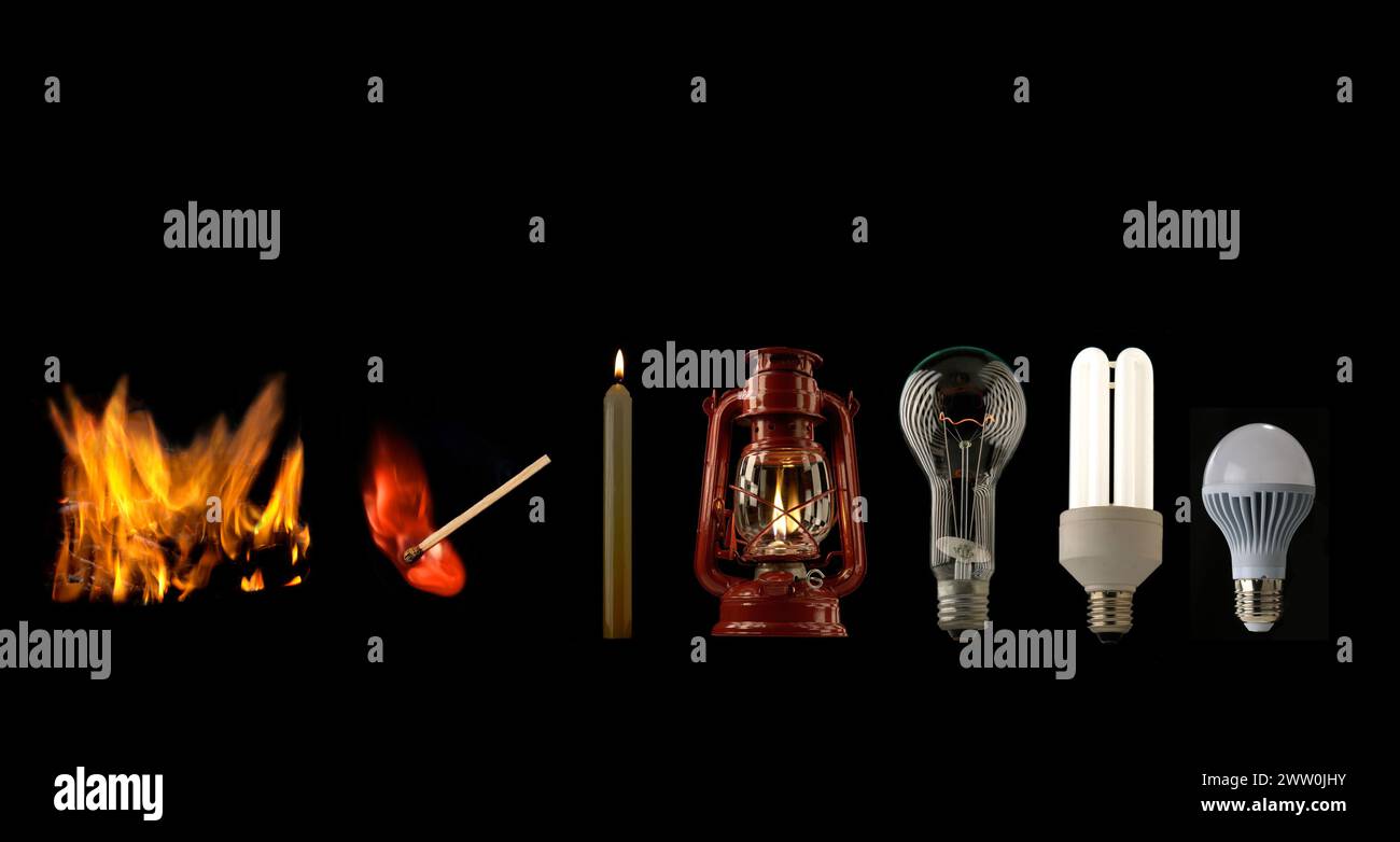 Evolution of lighting light sources Stock Photo - Alamy