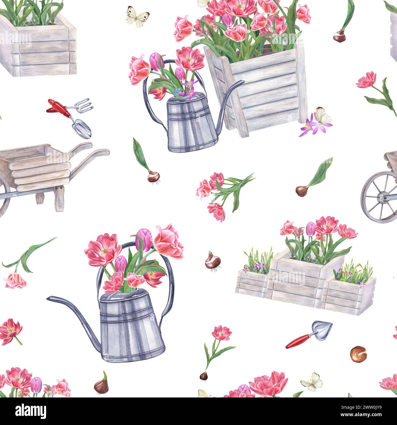 Spring seamless pattern. Tulip bouquets, bulbs, wooden boxes. Garden ...