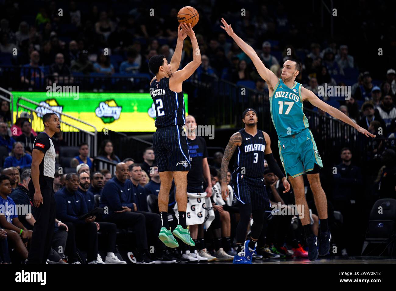 Orlando Magic guard Caleb Houstan (2) shoots as Charlotte Hornets ...