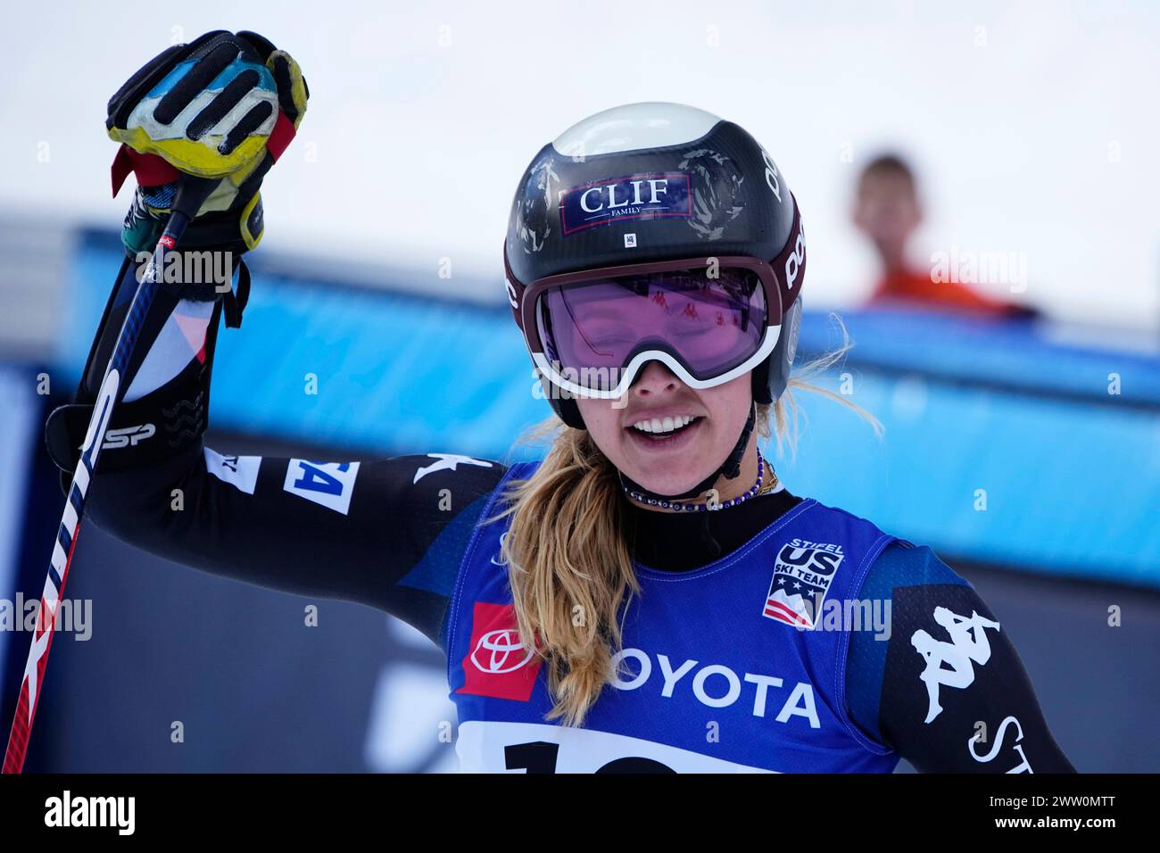 Tricia Mangan reacts after competing in the women's super-G ski race during the U.S. Alpine ...