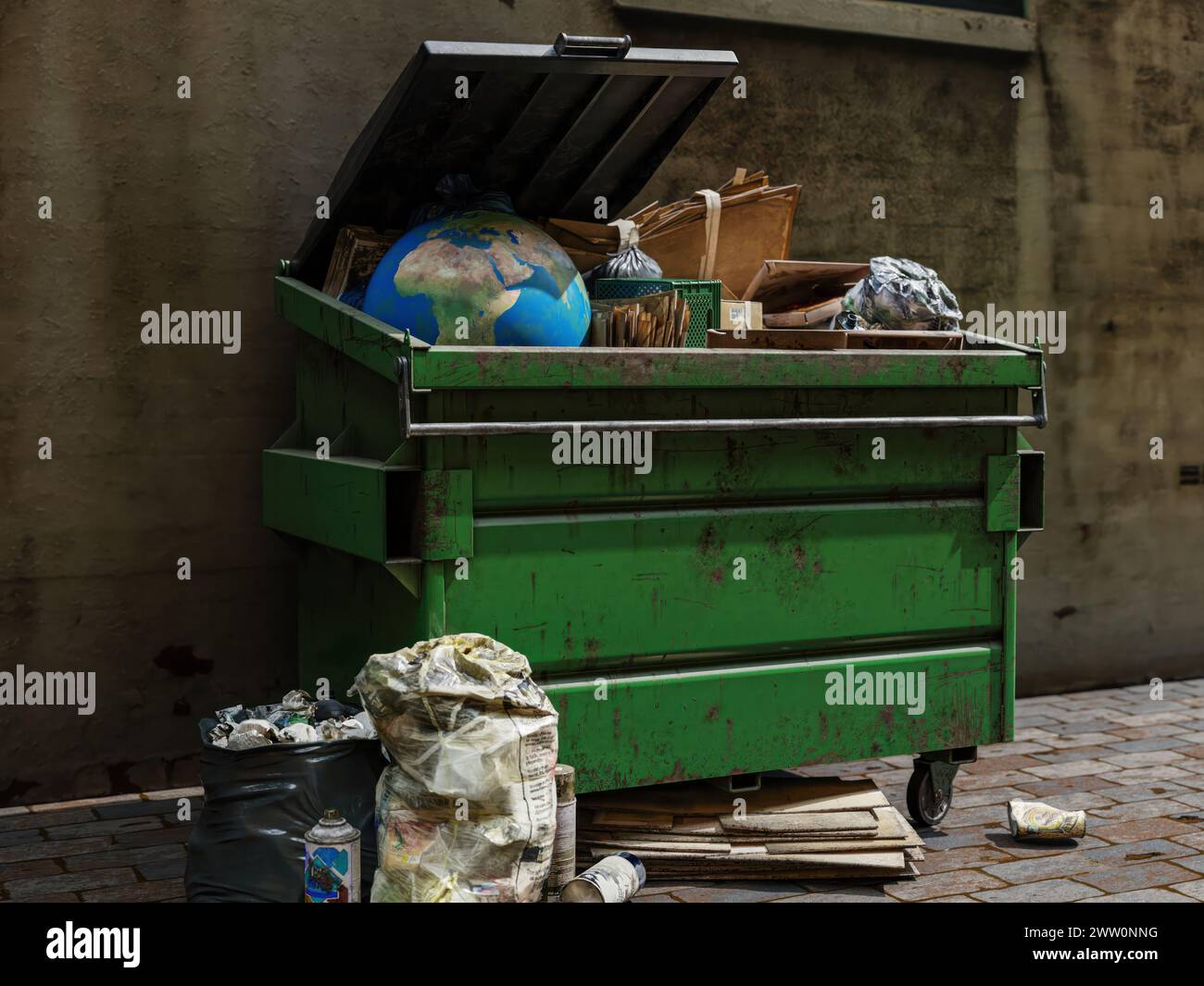 3D rendering of Earth globe dumped into big metal waste bin with ...