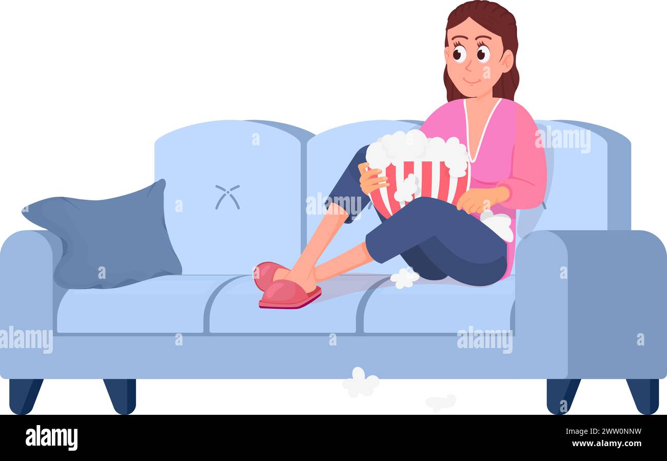 Woman sit on sofa with popcorn bucket. Movie night Stock Vector Image ...
