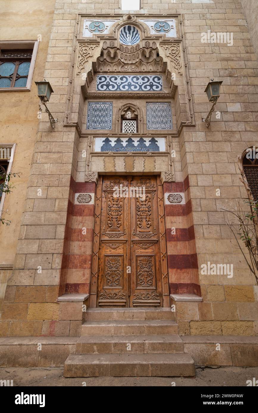 Ornately carved doorway and windows on Mamluk style facade at Prince ...