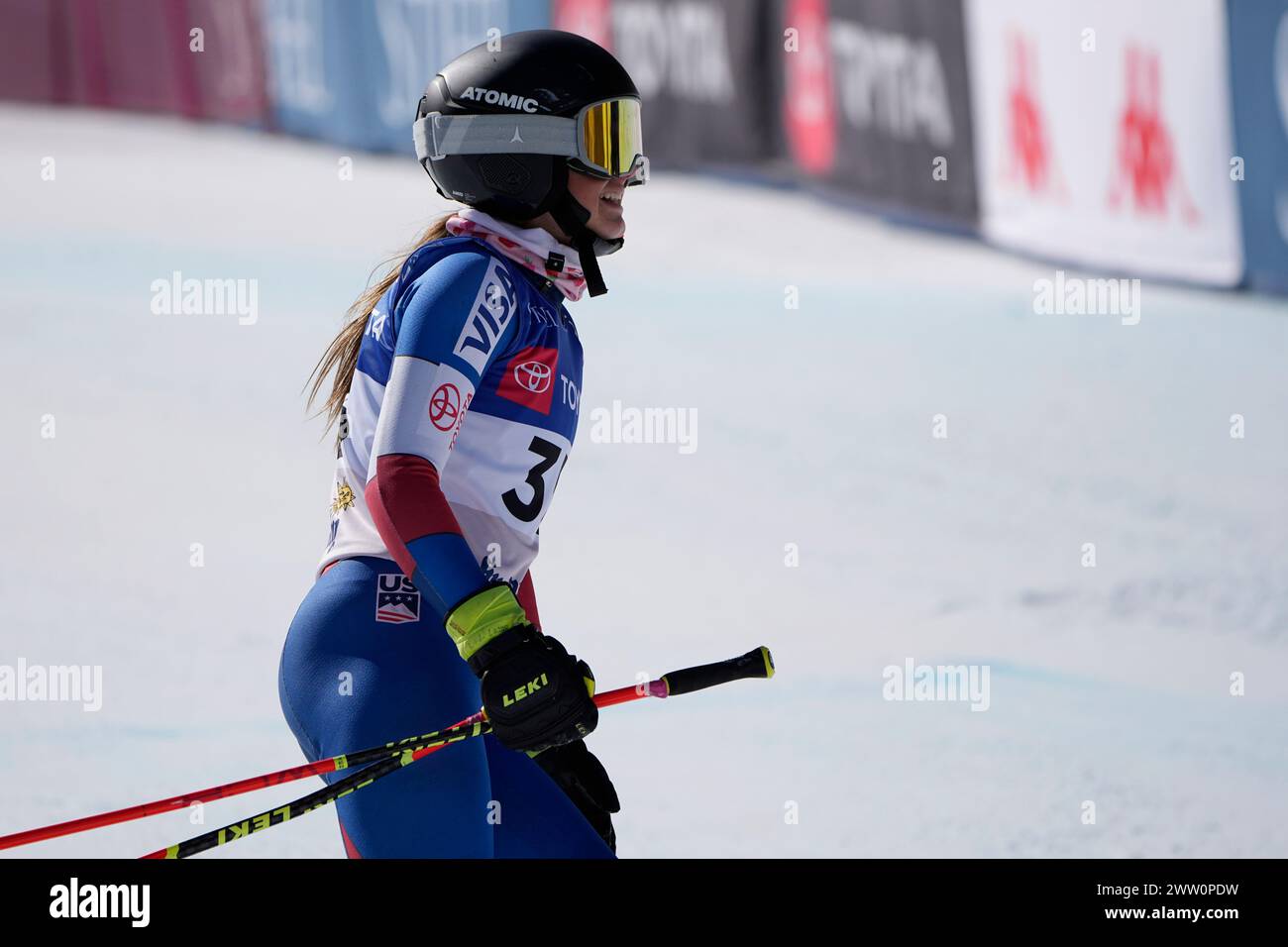 Lucy Wirth reacts after finishing her run in the women's super-G ski ...